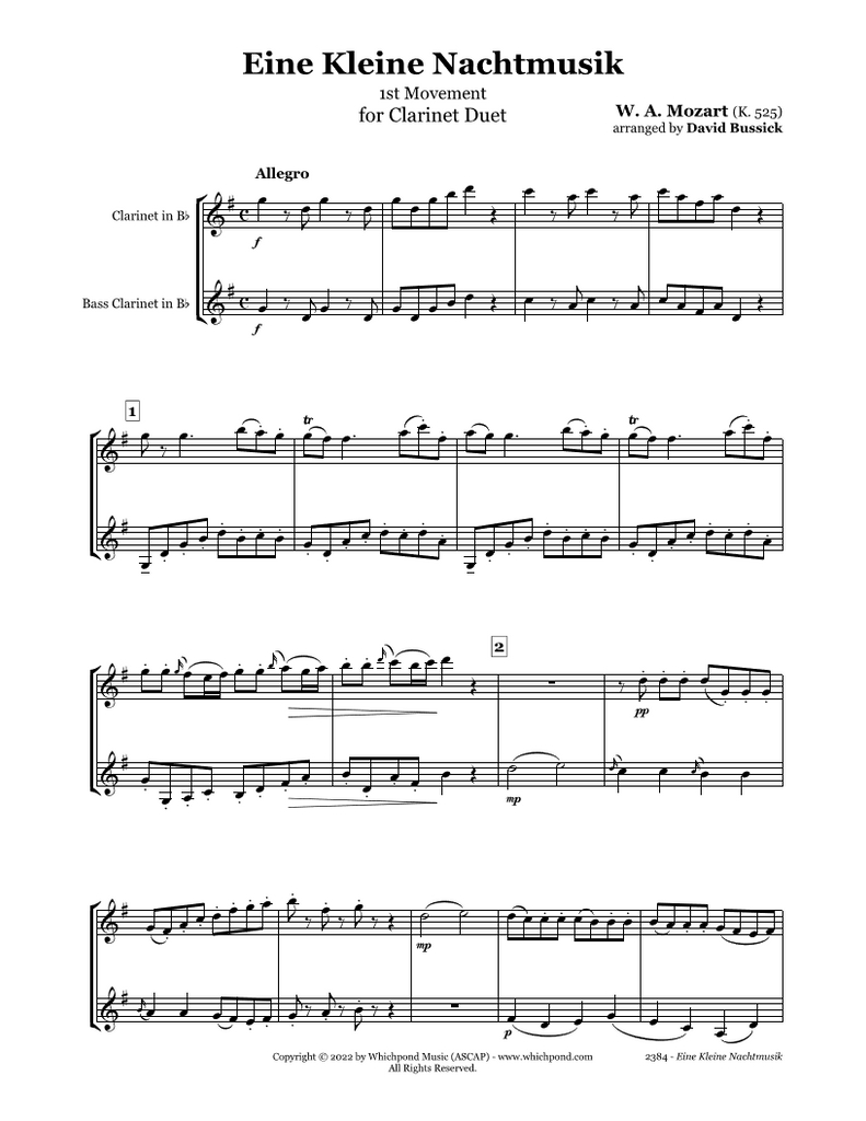 Mozart Eine Kleine Nachtmusik Clarinet/Bass Clarinet Duet PDF Sheet ...