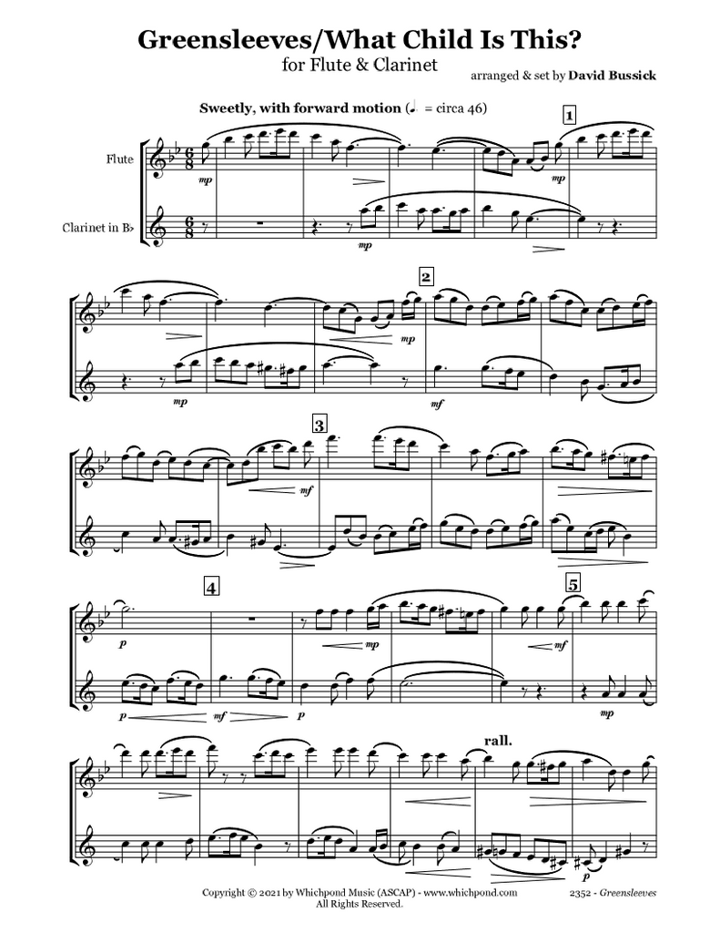 Greensleeves/What Child Is This for Flute/Clarinet Duet Christmas Song ...