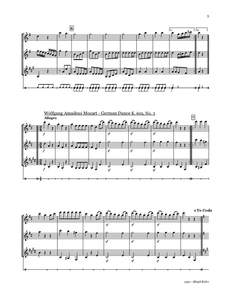 Mozart 2 Sleigh Rides Flute/Clarinet Trio & Bells PDF Holiday Sheet ...